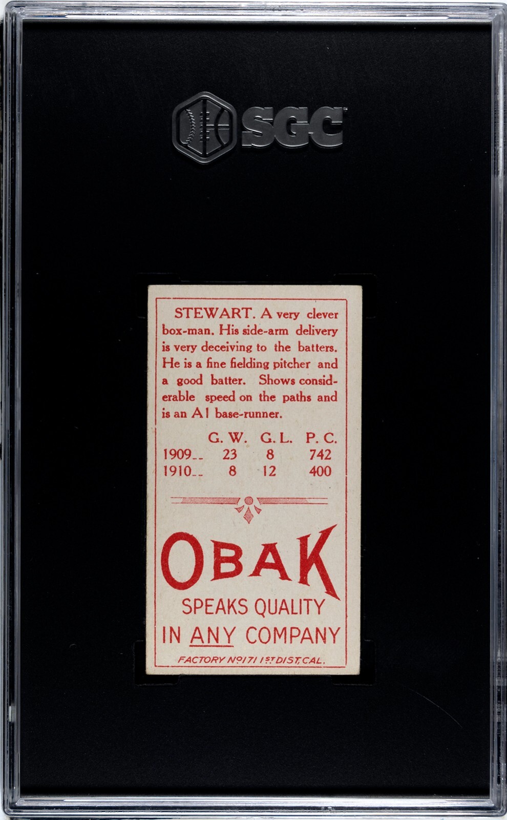 1911 T212 OBAK HARRY STEWART SGC 6 EX/NM VERNON TIGERS P.C.L. HIGH ...