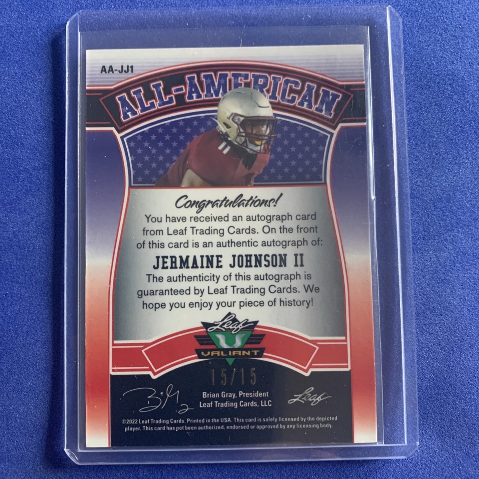 2022 Leaf Valiant - Jermaine Johnson II Purple All-American Auto #d 15/ ...