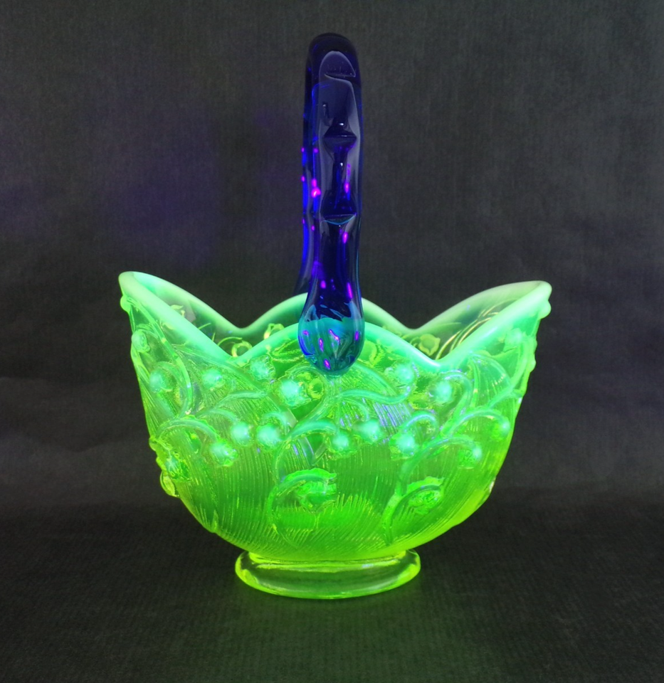 Vaseline FENTON Basket TOPAZ OPALESCENT Lily Valley BLUE Handle MARKED ...