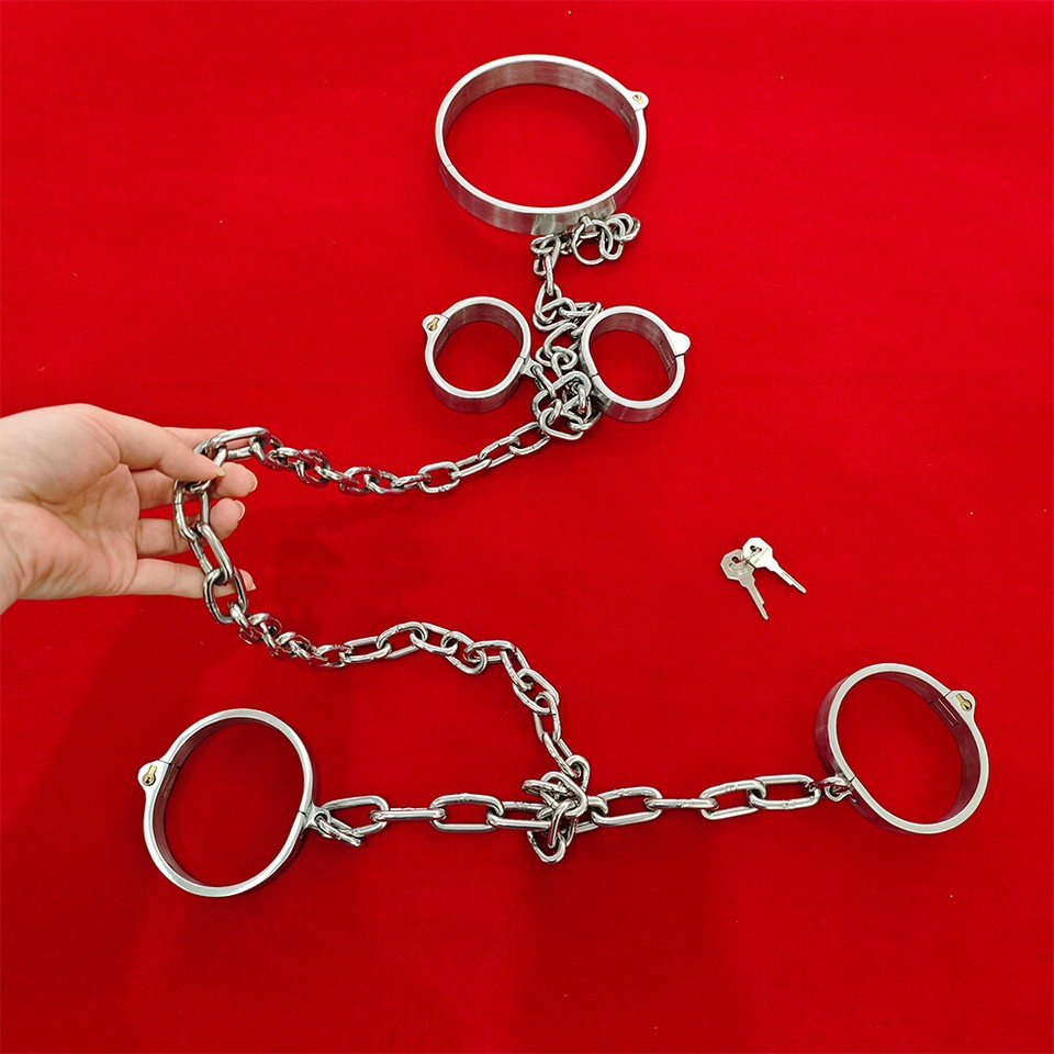 Bondage Slave SM Handcuffs+Ankle+Neck Collar Cuffs Heavy Shackle Set ...