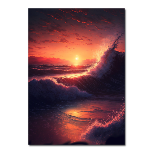 Sunset Ocean Beach Big Wave Illustration Art Photo Poster A4 Print Wall ...