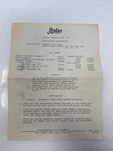 Leslie Speakers Console Connector Kit Installation Instructions/manial ...