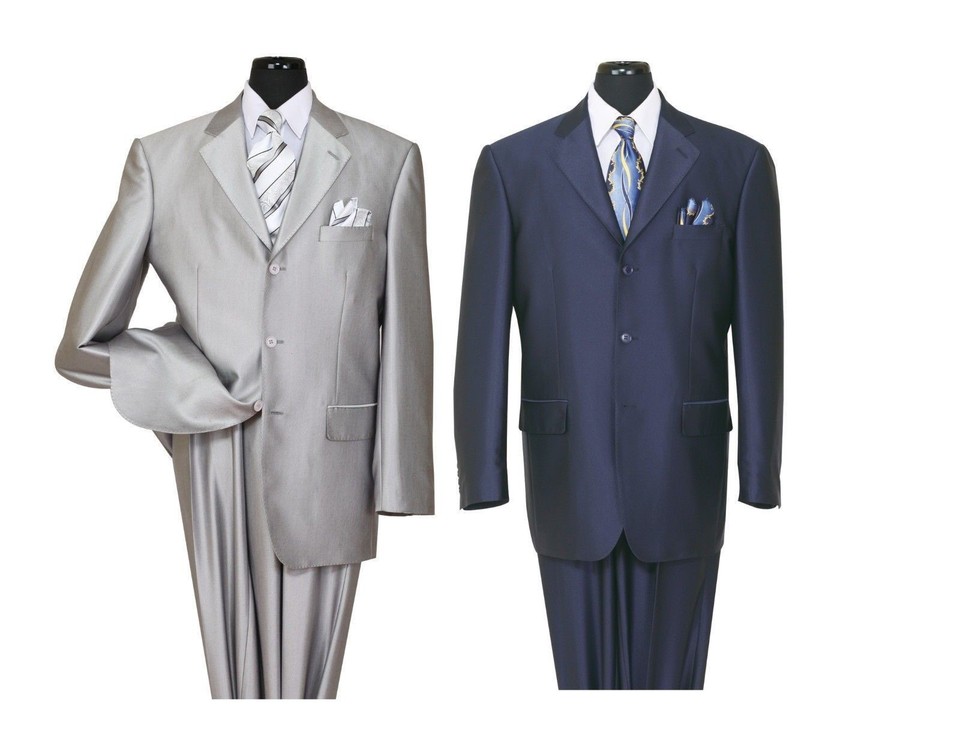 New Men's 3 Button Elegance Wool Feel Suits Shark Skin Look Silver Size ...