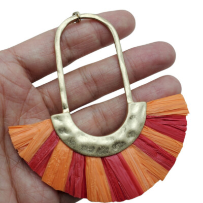Long Fan Fringe Statement Pendant Necklace Raffia Orange Red Fashion ...