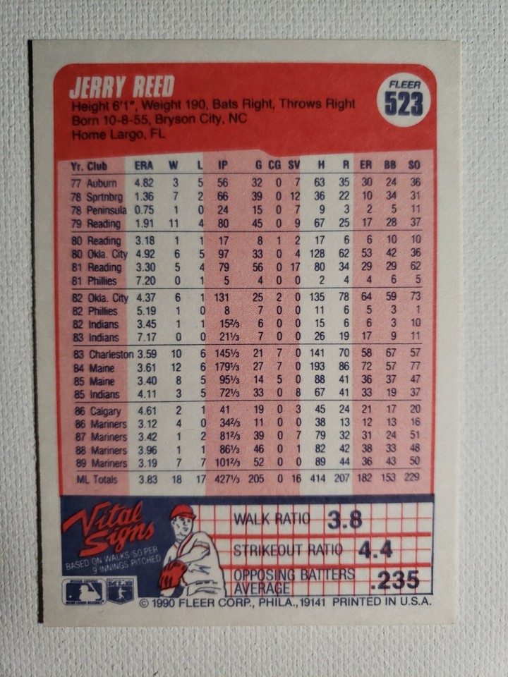 1990 Fleer Jerry Reed Autograph Card Indians Mariners Red Sox Signed ...