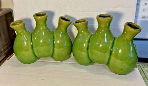 2 Triple Bud Vase Green Ceramic Pottery Three Vessels Vases Deco Art | eBay