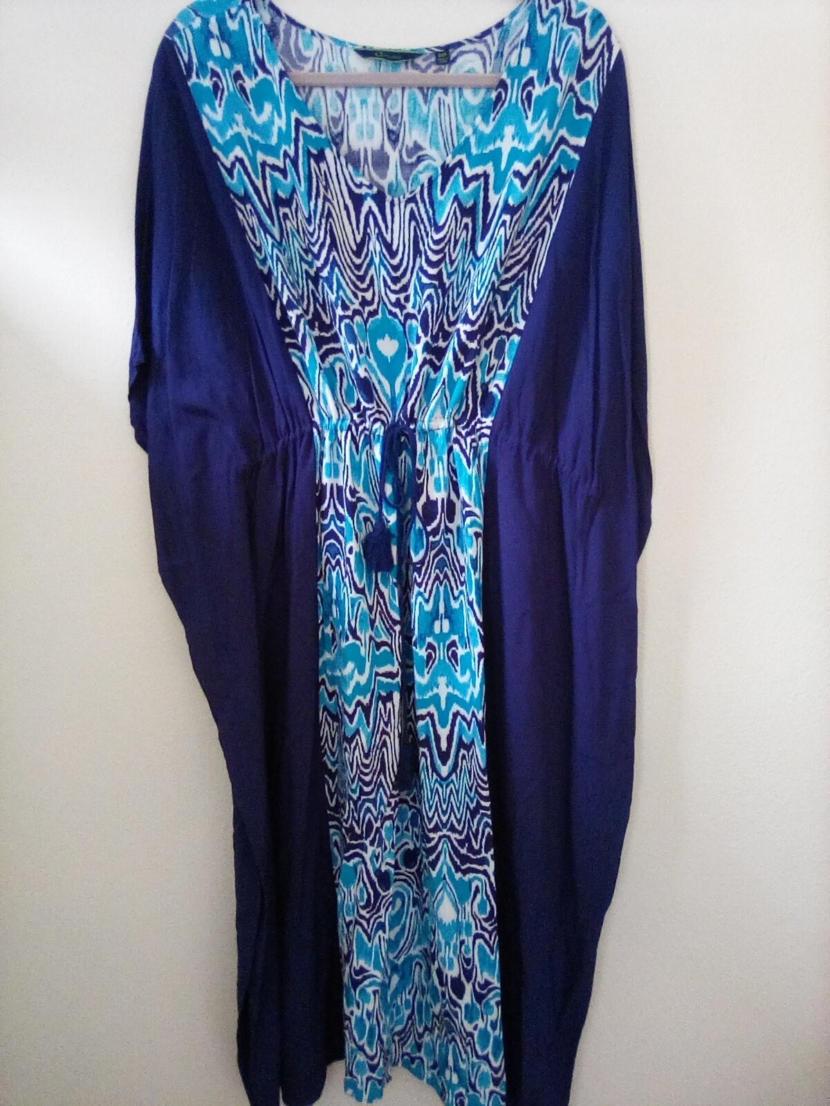 C. Wonder V Neck Blue Color Ikat Block Printed Caftan… - Gem