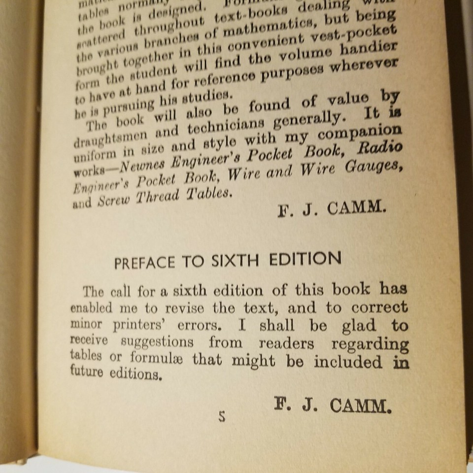 Mathematical Tables & Formulae Book FJ Camm 1958 H/B 6th Edition ...