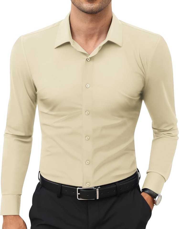 Stretch Men's Dress Shirts - Long Sleeve Slim Fit & Muscle Fit Wrinkle ...