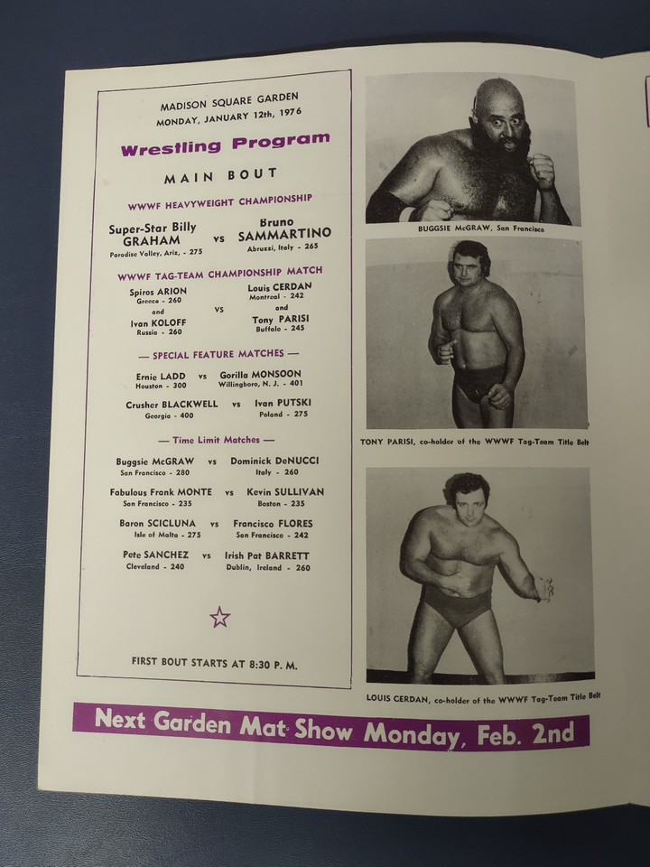 Jan 12, 1976 MSG WWWF Wrestling Program Bruno Sammartino WWF WWE Billy ...