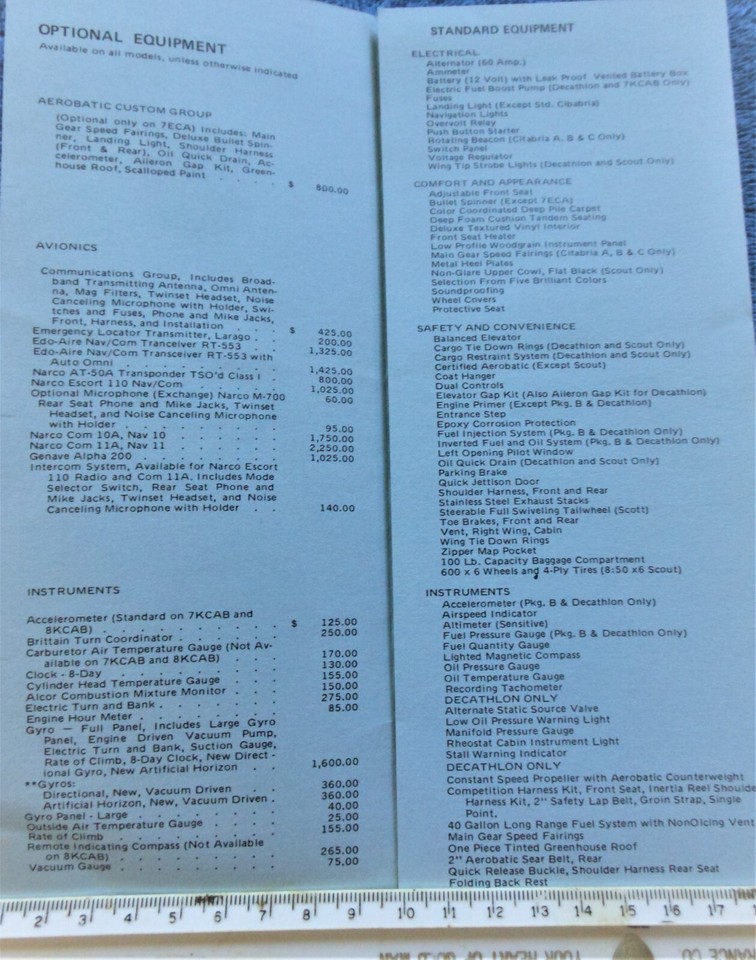 1975 Bellanca Champion Citabria Decathlon Scout Price List w/ Optional ...