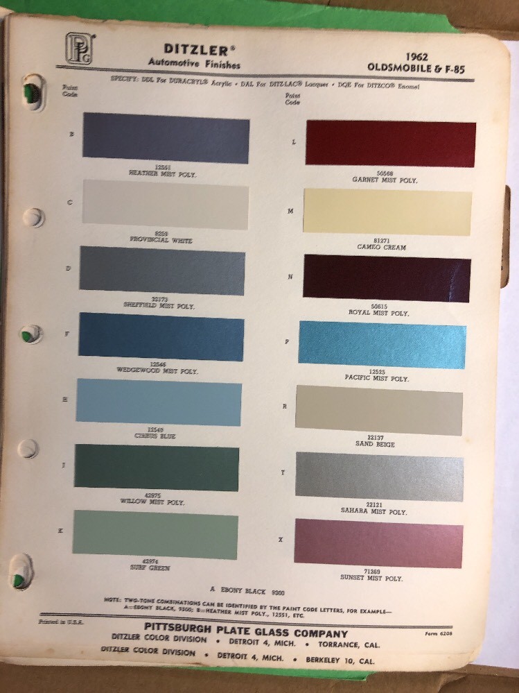 1958 -1968 Ditzler PPG Oldsmobile 88 Delta Color Paint Chip 11 Sheets ...