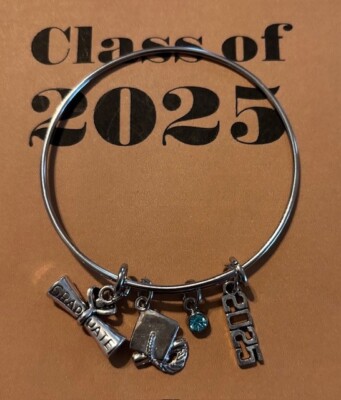 Silver 2025 Expandable Bangle Bracelet with Graduation Charms ...