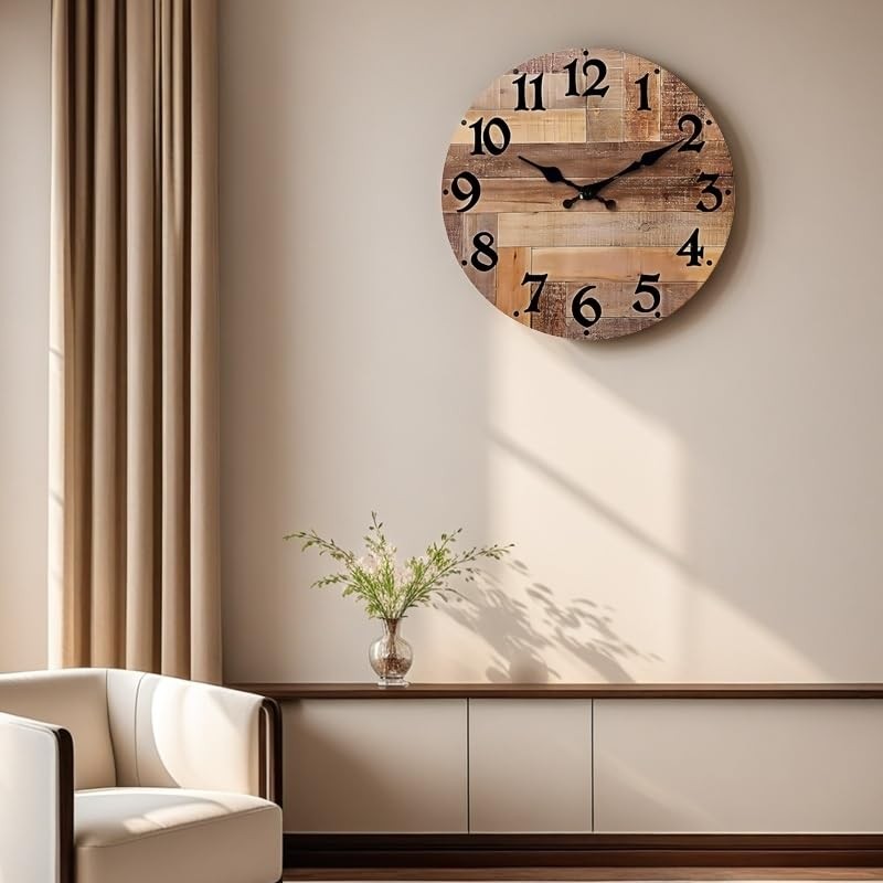 12 inch Wood Grain Wall Clock Colorful Numerals Silent Quartz Home ...