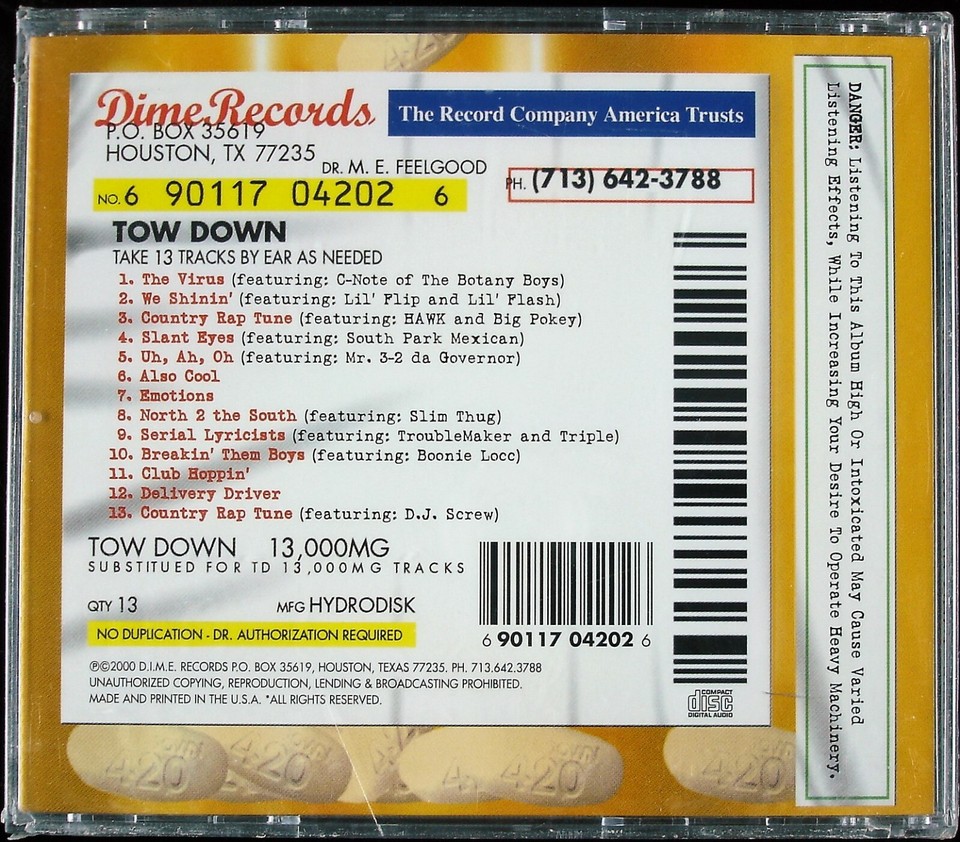 TOW DOWN "BY PRESCRIPTION ONLY" 2000 CD ALBUM 13 TRKS G RAP ~RARE~ HTF ...
