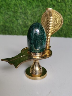 Green Emerald (Panna) Shiva Lingam With Brass Yoni Base & Snake Hindu ...