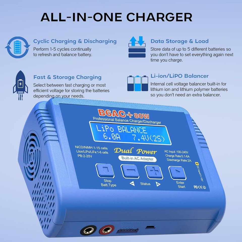 Balance Battery Charger,B6 AC 80W Lipo Battery Balance Charger 6A ...