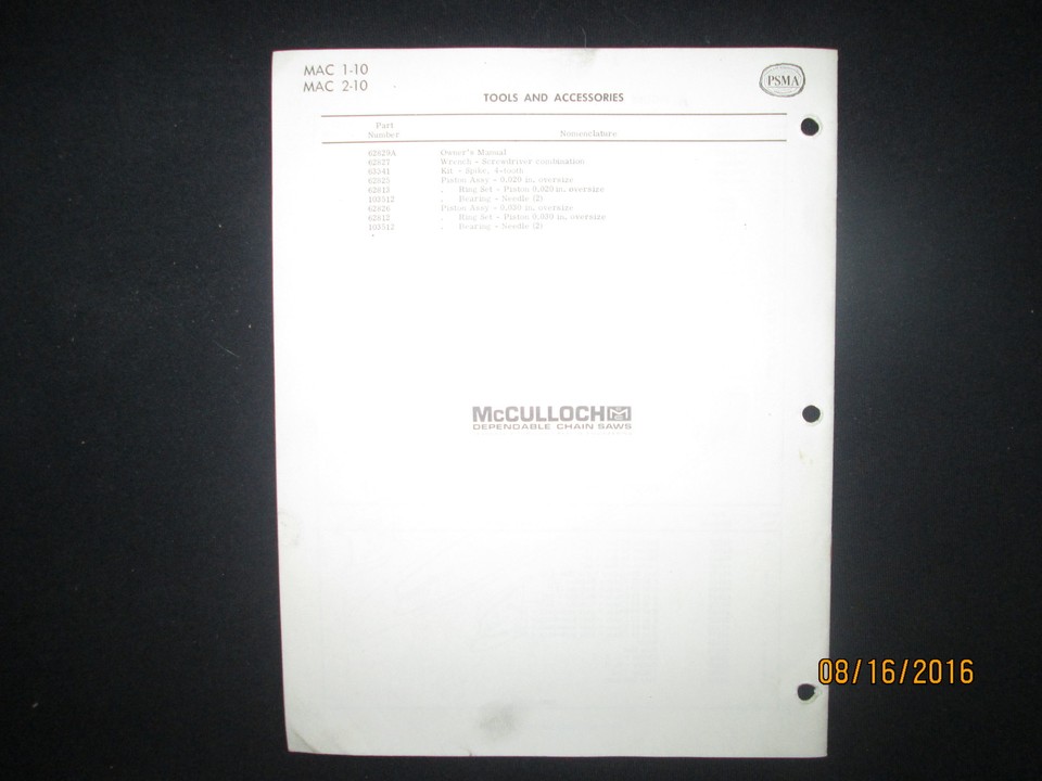 McCULLOCH CHAIN SAW MAC 1-10 & Mac 2-10 Parts List Book Manual Original ...