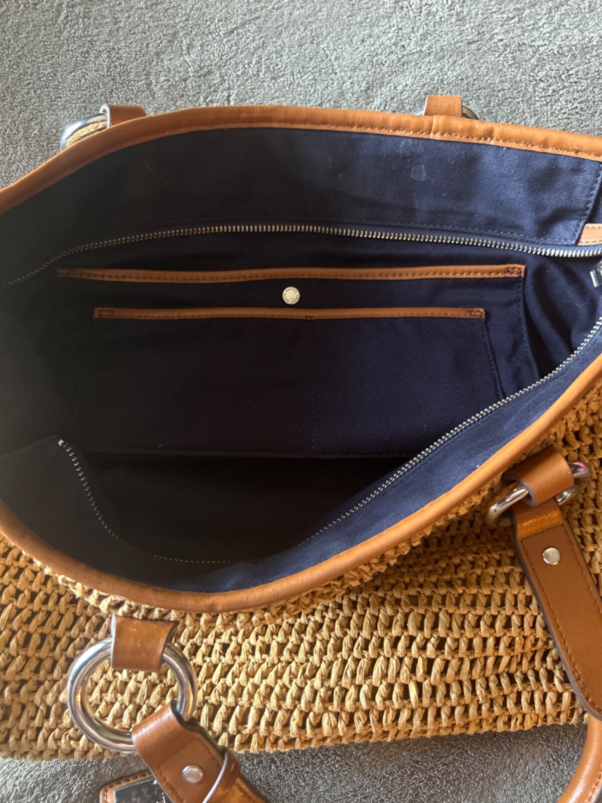 ralph lauren large soft straw handbag tote leather handles base ...