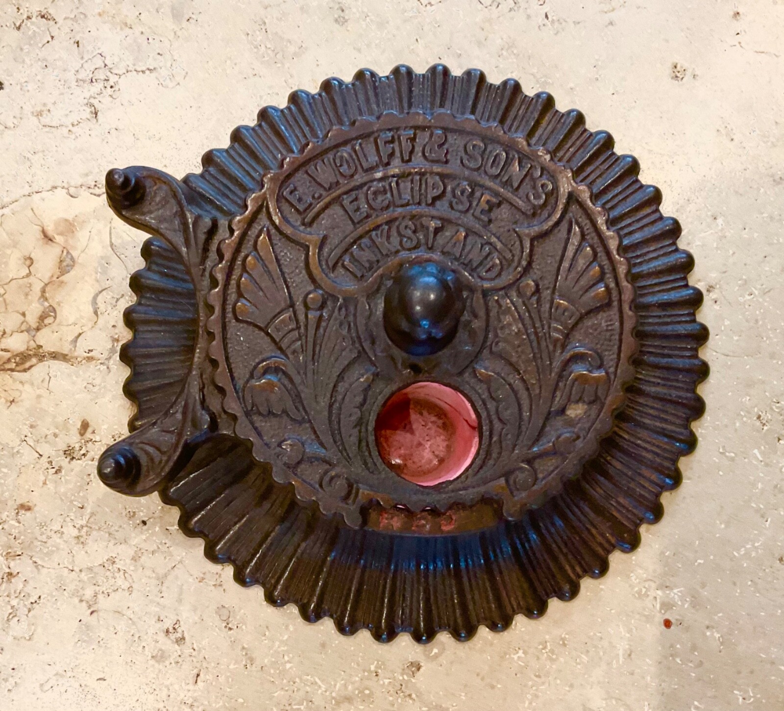 Antique Victorian InkWell Cast Iron Elias Wolff Rare Complete Porcelain ...