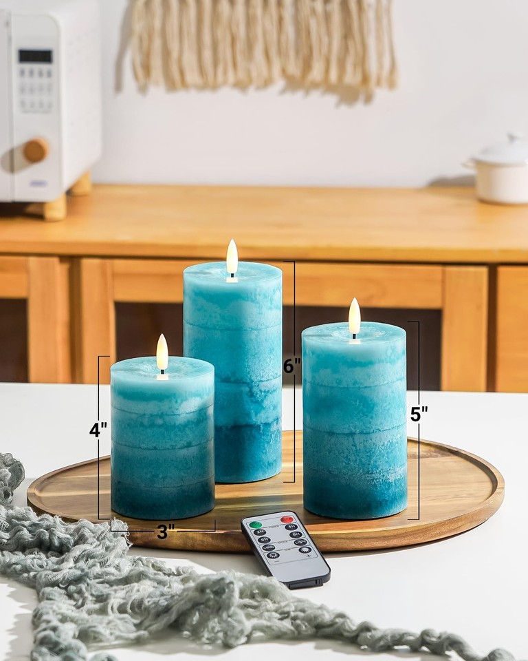 Gradient Teal Flameless Candles With Remote And Timer Real Wax Made Led ...