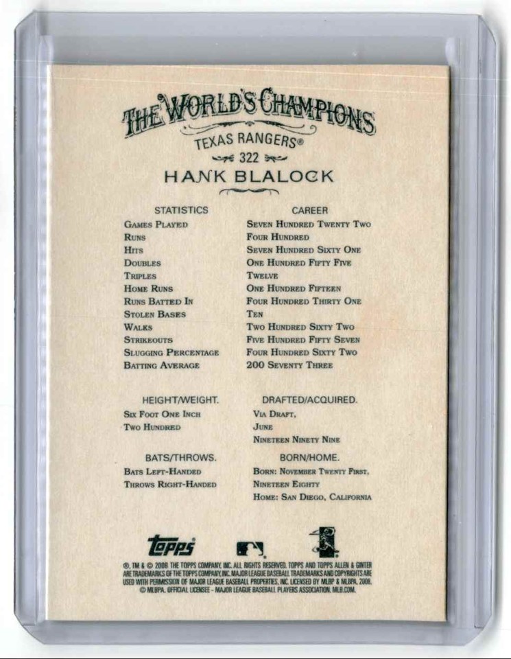 2008 Topps Allen & Ginter SP Hank Blalock Texas Rangers #322 | eBay