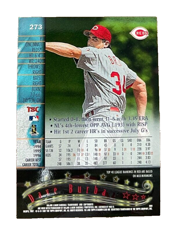 1997 TOPPS STADIUM CLUB Card # 273 Dave Burba - Cincinnati Reds | eBay