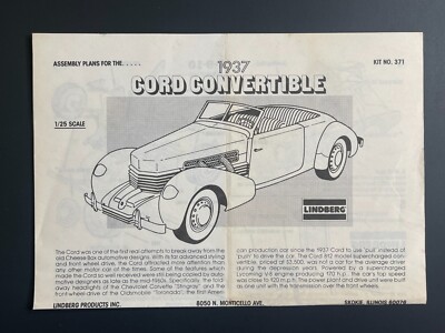 Lindberg Line - 1937 Cord Convertible - Original Model Kit Instruction ...
