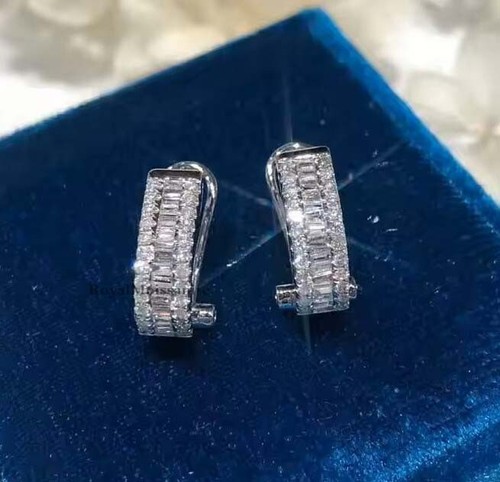 3Ct Emerald Cut Moissanite Huggie Omega Back Earrings 10K Solid White ...