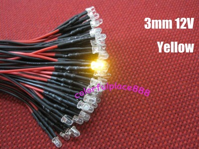 50pcs, 3mm Yellow 9V 12V DC Round Pre-Wired Water Clear LED Leds Bulb ...