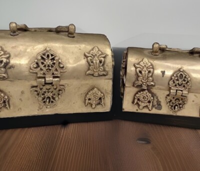 Jewelry Casket Blue Velvet set of 2 Nesting Antique Metal Copper | eBay