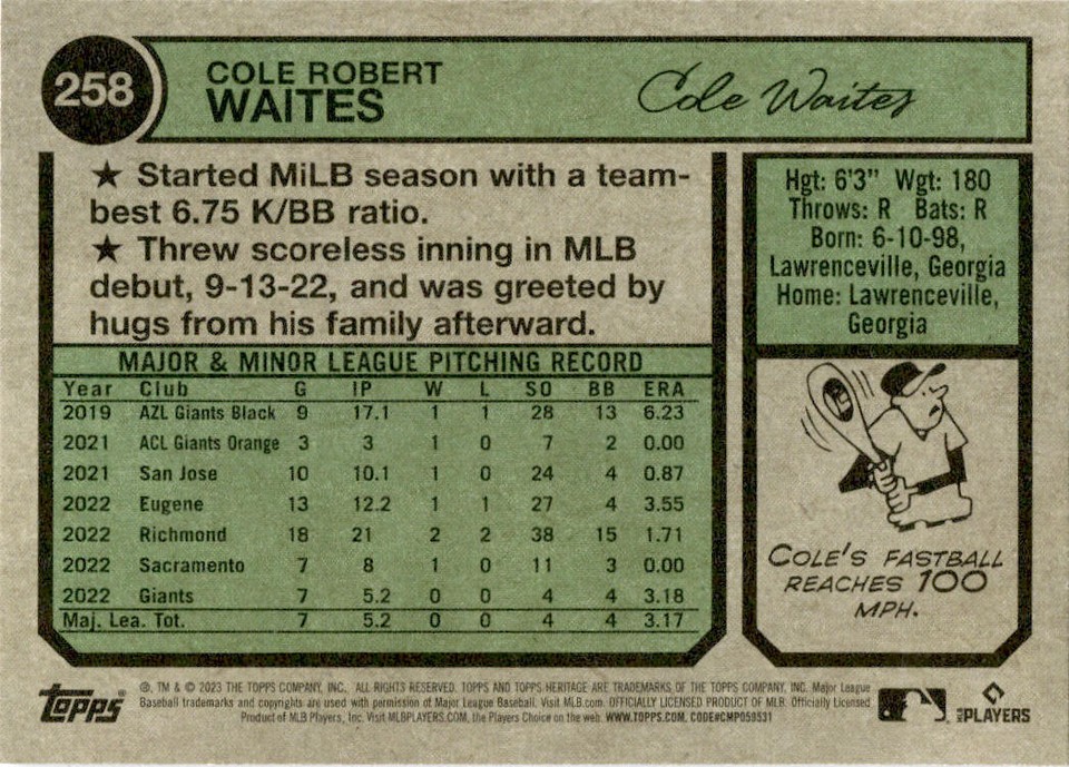 2023 Topps Heritage Cole Waites #258 San Francisco Giants | eBay