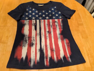 AMERICAN FLAG TEE SHIRT womens small SM black embellished T-Shirt ...