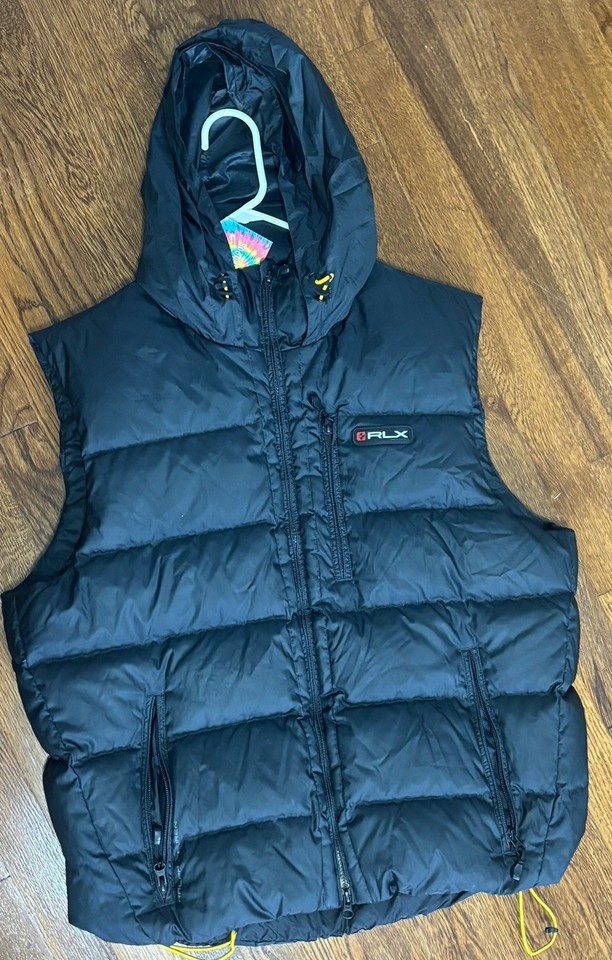 Polo Ralph Lauren RLX Mens Black Full Zip Down Puffer Vest With Hood Sz ...