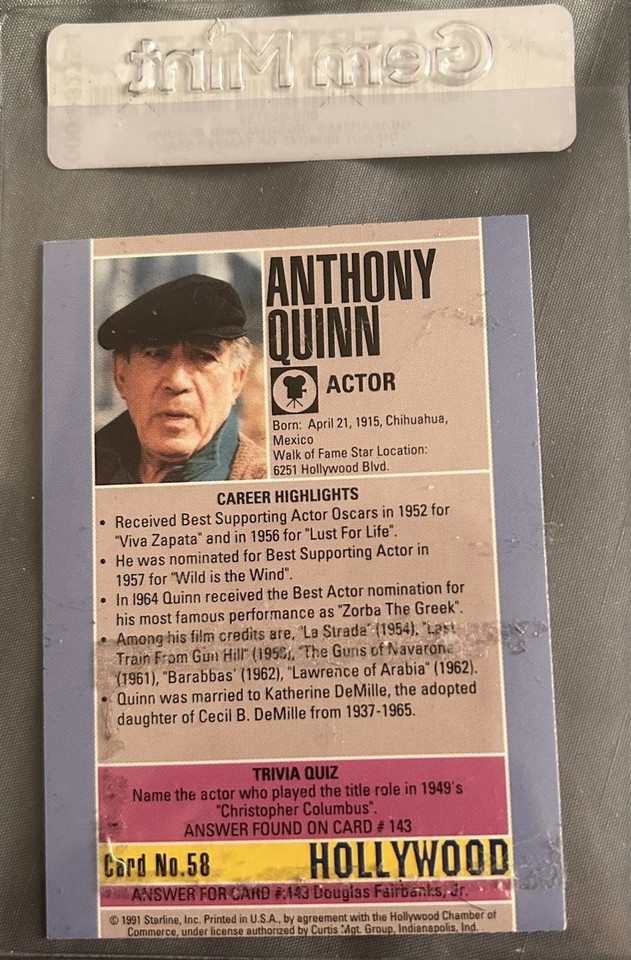 Anthony Quinn-Signed 1991 Hollywood Walk of Fame #58 Trading Card ...