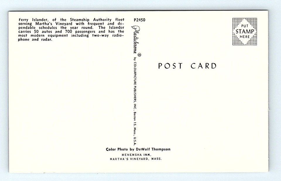 Postcard MV Islander Ferry of the Steamship Authority Fleet Martha's ...
