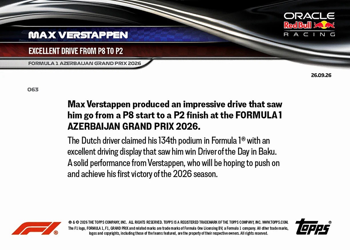 Max Verstappen P8-P2 Azerbaijan GP F1 2026 Formula 1 Topps NOW Card 63 ...