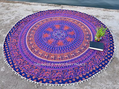 Indian Blue Elephant Round Mandala Tapestry Yoga Mat Boho Wall Hanging ...