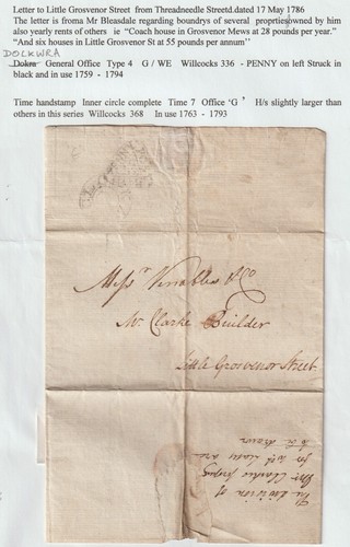 1786 GENERAL OFFICE LONDON DOCKWRA STYLE PMK L336 BLEASDALE TO CLARKE ...