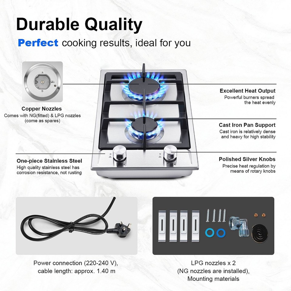 SNDOAS 30cm Gas Hob 2-Burners Built in Gas Cooktop Cast Iron Support NG ...