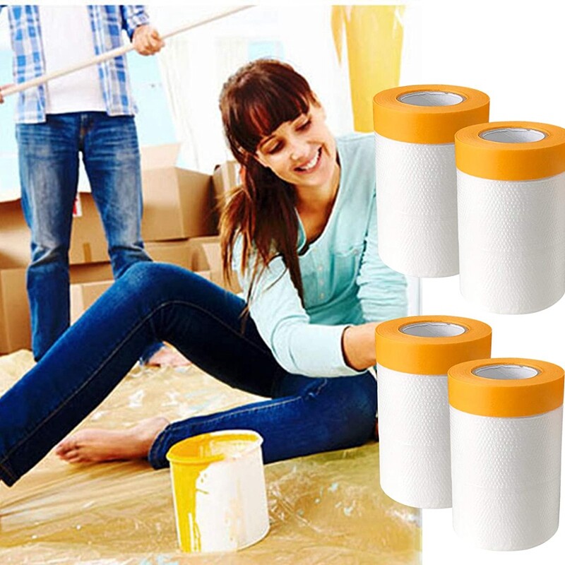 3X(4 Pcs Plastic Dust Sheets Roll 0.55 x 20M Pre-Taped ing Film ...