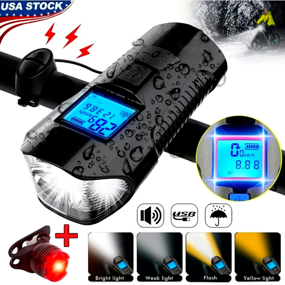 5 Mode USB Rechargeable LED Bike Front Light Headlight Horn Bell + Rear ...