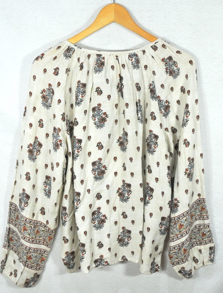 Lucky Brand Women’s Blouse L Beig Floral Peasant Boho Long Sleeve Tie ...