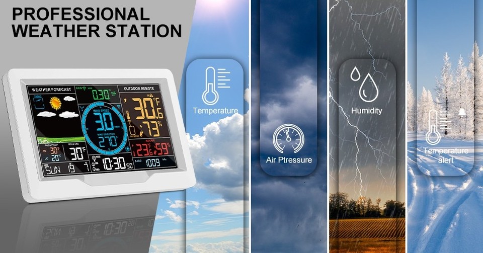 Weather Station 7.5" Color Display Wireless w/ Indoor Outdoor Sensor ...