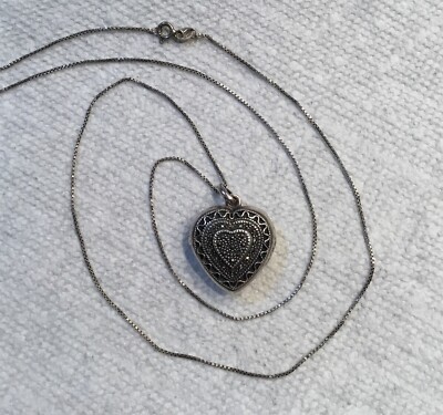 Vintage Sterling Silver Heart Locket Marcasite Necklace 925 Italy FAS ...