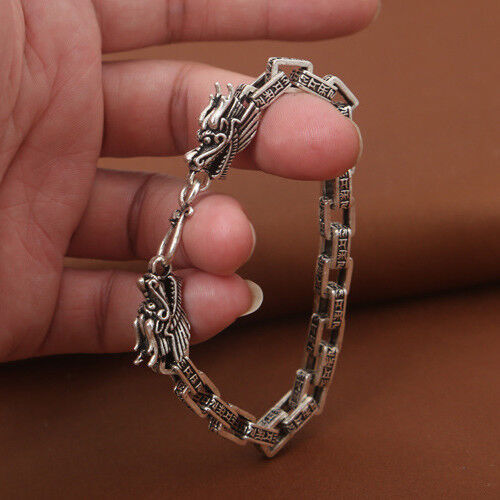 Real Solid 925 Sterling Silver Bracelet Rectangle Link Chain Dragon ...