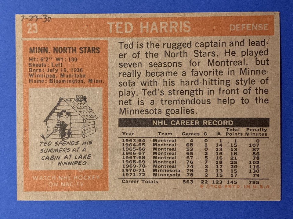 TED HARRIS Signed 1972-73 Topps #23 North Stars Canadiens Autograph ...