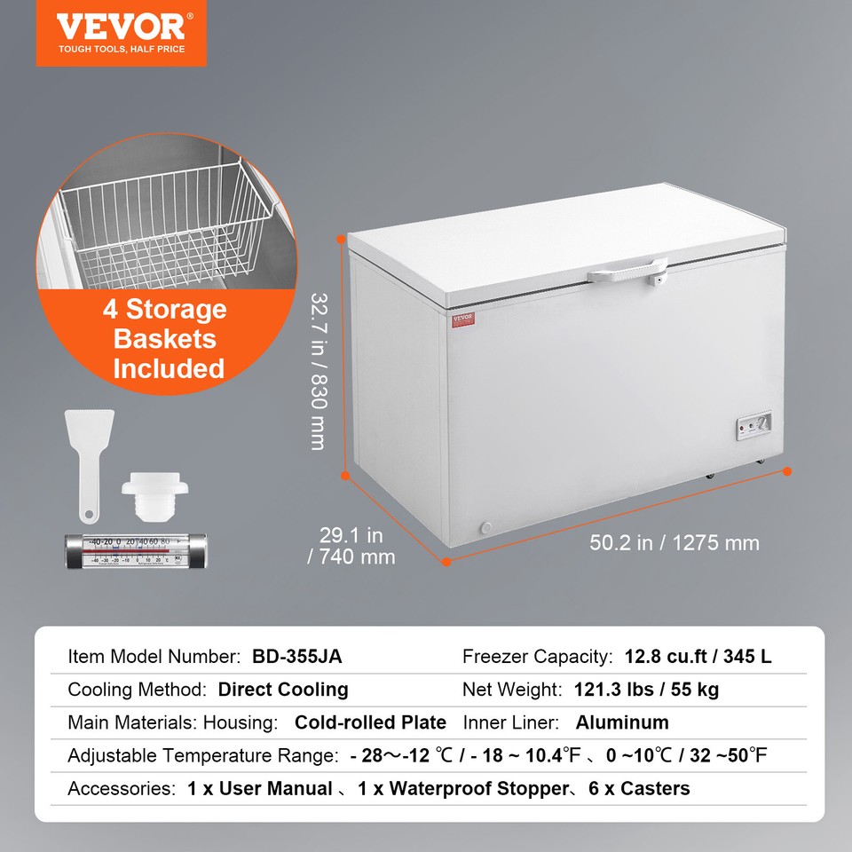 VEVOR Chest Freezer 12.8 cu.ft / 345 L Large Deep Freezer & 4 Removable ...