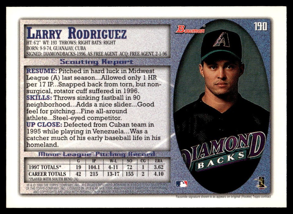 1998 Bowman 190 Larry Rodriguez Arizona Diamondbacks Baseball Card | eBay