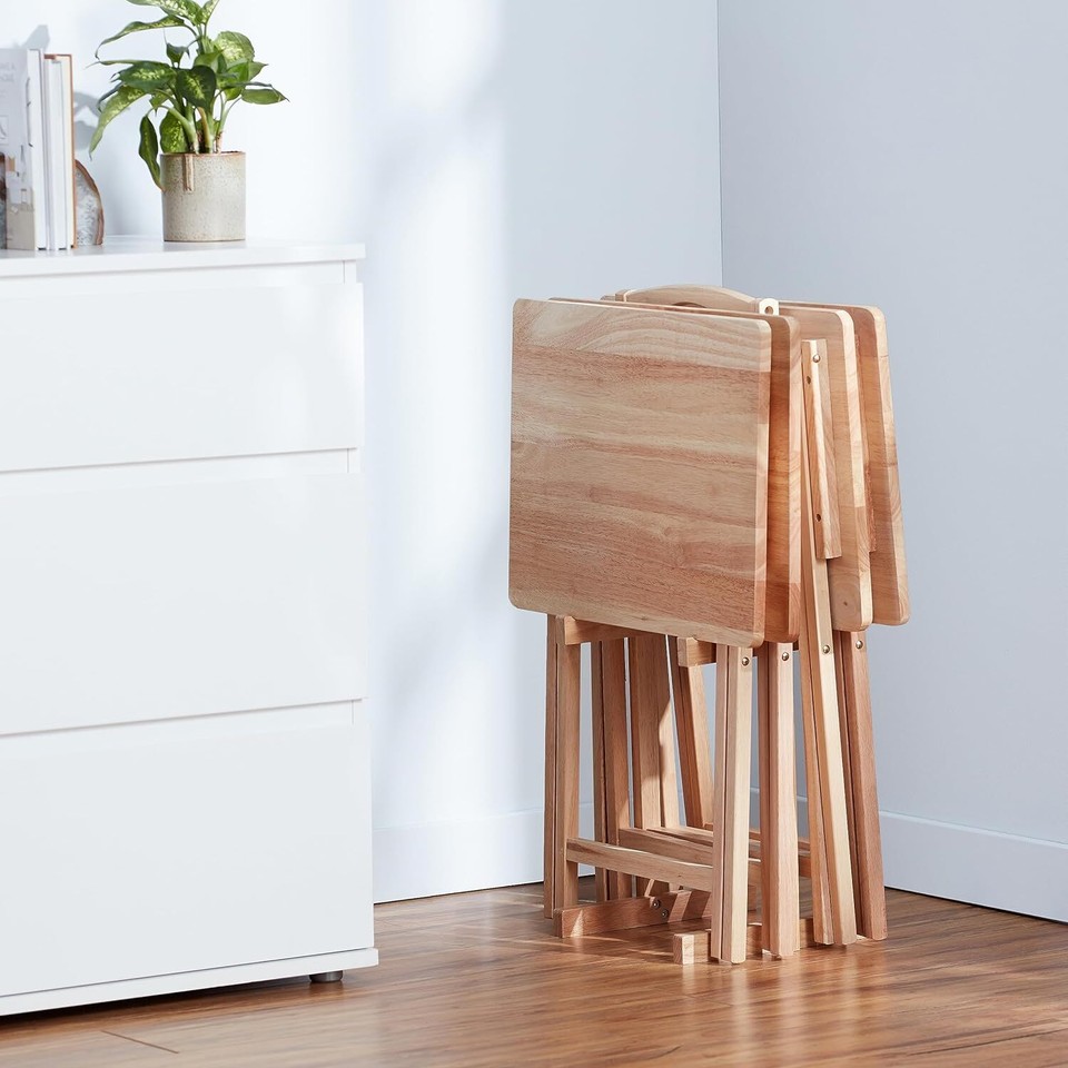 TV Dinner Rectangular Folding Tray Table W/ Storage Rack Natural Set of ...